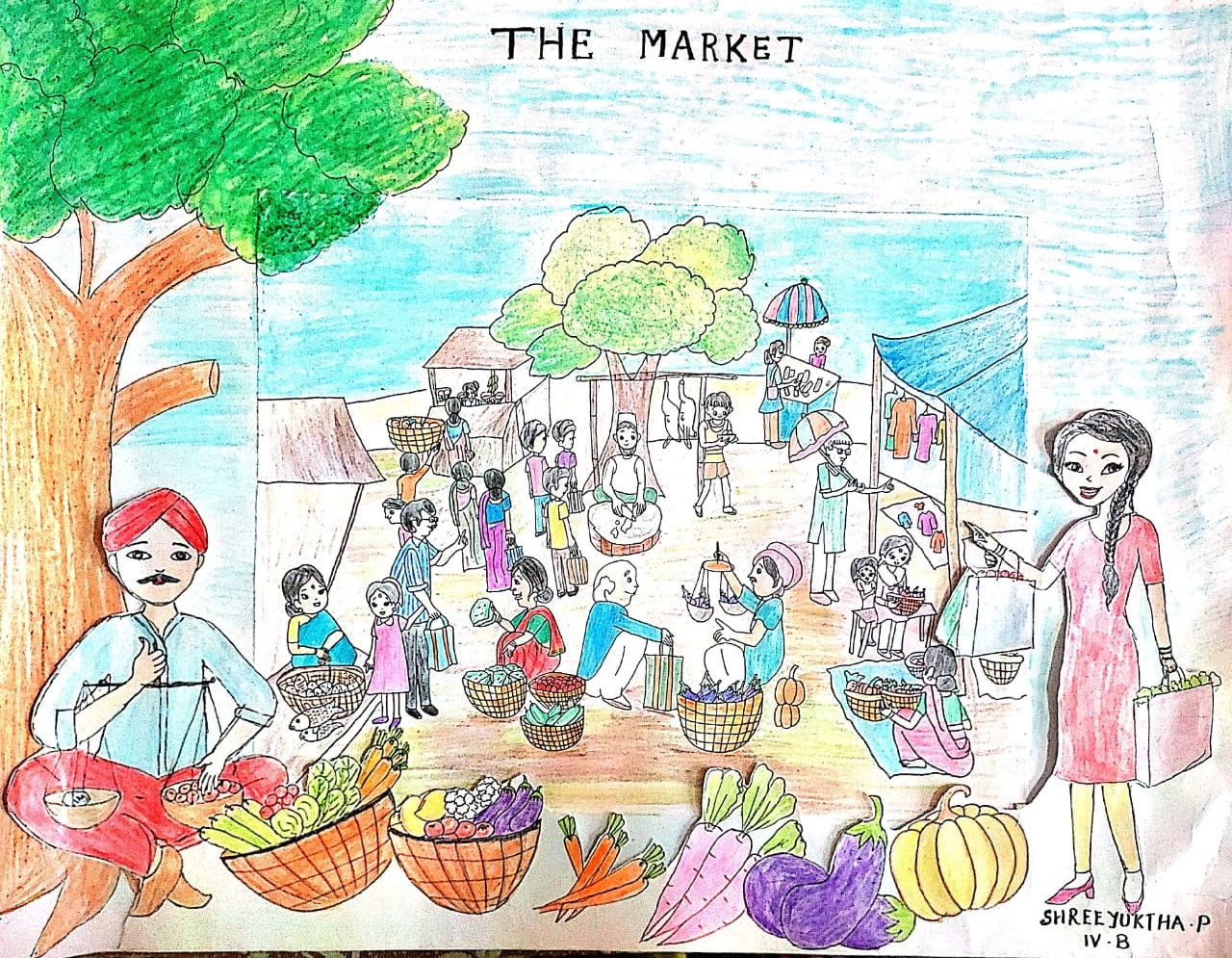 Drawing Of A Market Scene For Kids